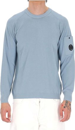 C.P. Company C.p. Company, Homme, Sweatshirts et sweats &agrave; capuche, Bleu, Taille: M Pull Ras du Cou En Cr&ecirc;pe De Coton Avec D&eacute;tail Lens