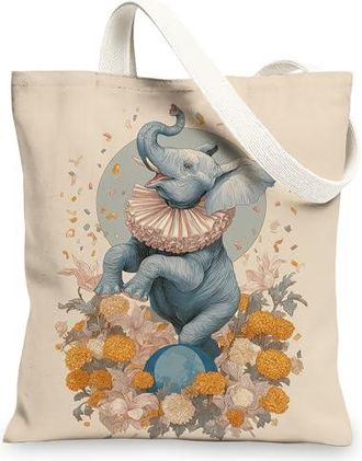 Generic Sacs fourre-tout en toile motif éléphant artistique, sacs à provisions réutilisables, vintage floral, léger, lavable à lépaule St, beige, 13x15 Inch