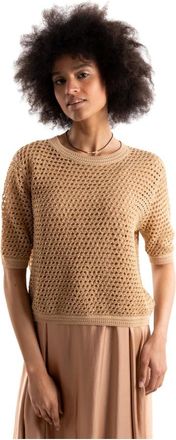 Vicolo Femme, Pulls, Beige, Taille: 40 FR Pull &agrave; Manches Courtes en Maille Ajour&eacute;e