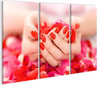 Islandburner Bild auf Leinwand Weibliche H&auml;nde mit roten N&auml;geln, die rote und rosa Rosenbl&auml;tter halten. Wandbild Leinwandbild Kunstdruck Poster 130x80cm - 3 Teile