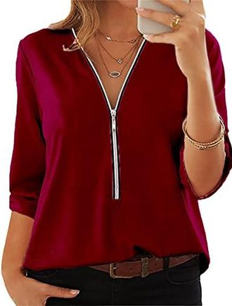 Onsoyours Chemisier Femmes Tunique Haut Demi Manches Longues Tops Lâche Blouse Chemisier Femme Chic Chemise Fermeture Éclair T-Shirt en Col V avec Zip A Vin Rou