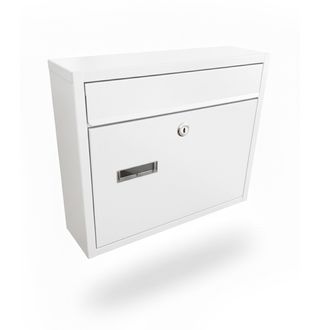 Relaxdays Briefkasten mit Namensschild, HBT: 31 x 36 x 10 cm, wetterfest, 4 Schl&uuml;ssel, Postkasten Querformat, wei&szlig;