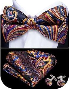 Barry.Wang Ensemble noeud papillon pr&eacute;-nou&eacute; en soie pour homme avec carr&eacute; de poche et boutons de manchette pour mariages et &eacute;v&eacute;nements formels, Bleu/rouge/jaune,