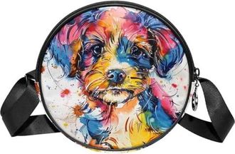 Generic Sac &agrave; bandouli&egrave;re rond rond pour femme, motif chiot graffiti, aquarelle, avec fermeture &eacute;clair, bretelles r&eacute;glables
