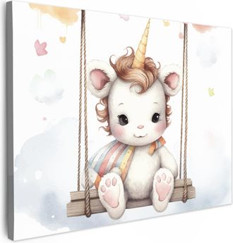 MuchoWow © Bilder 80x60 cm Wohnzimmer Deko Modern Wandbild Kunstdruck auf Leinwand Bild Schlafzimmer über Bett Room Decor Einhorn - Tier - Kinder - Babyzimmer 