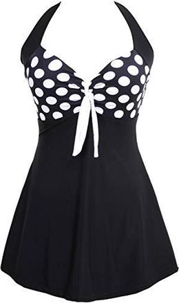 Ocean Plus Femme Été Rétro Halter de Cou A-Line Maillot Une Pièce À Rayures Jupe avec Shorts Grande Taille Beachwear (XXL (EU 40-42), Sangles Noires)