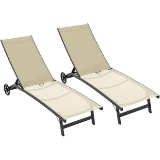 OUTSUNNY Lot de 2 bains de soleil transats inclinables - 2 roulettes - alu. textil&egrave;ne beige kaki