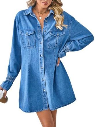 TOMWELL Robe Jean &Eacute;t&eacute; Femme Manches Longues Robe De Plage R&eacute;tro Denim Robes Tourner Le Col D&eacute;contract&eacute;e Couleur Unie Tuniques Ample Chemisier en Jean Mini Rob