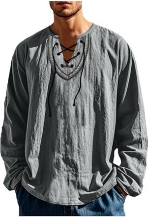 Generic T-shirt pour homme - Pull ample r&eacute;tro - Style ethnique d&eacute;contract&eacute; - Manches longues - Lin - Col montant, gris, XXL