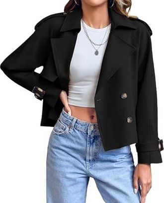 Generic Trench-coat court croisé pour femme, revers crantés, manches raglan, vestes de travail courtes, vêtements dextérieur avec poches, automne