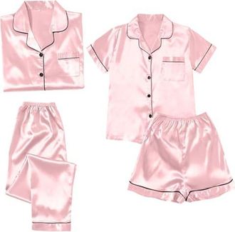 Generic Ensemble de pyjama 4 pi&egrave;ces pour femme, pyjama en fausse soie, ensemble de v&ecirc;tements de nuit, v&ecirc;tements de nuit pour femme, robes confortables, shorts