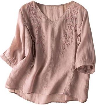 Generic Chemise en lin &agrave; manches 3/4 pour femme - Col en V - Broderie florale - Tunique r&eacute;tro - T-shirt jacquard l&eacute;ger et fluide - Chemisier boh&egrave;me, rose, XXL