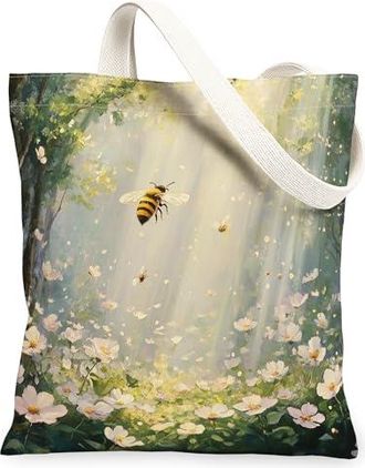Generic Sac fourre-tout en toile avec an&eacute;mones printani&egrave;res pour le shopping, 33 x 38 cm, motif for&ecirc;t, fleurs, abeilles, sac d&eacute;picerie r&eacute;utilisable pour femme