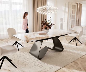 DELIFE Esstisch Edge 180-220x100 Keramik Minas Melange Wei&szlig;-Beige W-Gestell Effektfinish Titan Ausziehbar, Esstische