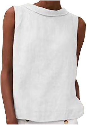 Generic D&eacute;bardeurs en coton et lin pour femme - Col haut - D&eacute;contract&eacute; - Sans manches - Camisole d&eacute;t&eacute; - Chemise basique de couleur unie - Haut court d&eacute;contrac