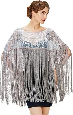 Babeyond Ch&acirc;le de soir&eacute;e des ann&eacute;es 1920 &agrave; longues franges avec paillettes et perles, gris, taille unique