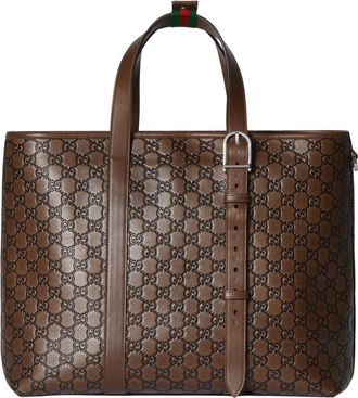 Gucci Mens Tote Bag Gg Emblem Brown Leather Calf Handbags Hand