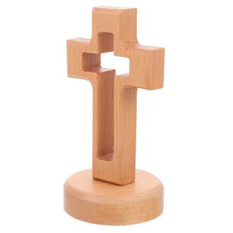Cabilock Holzkreuz Stehendes Tischkreuz aus Buchenholz mit Runder Basis Hohl Kreuzform Kompakte Größe Religiöse Dekoration für Zuhause Büro Arbeitszimmer