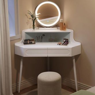Woltu Woltu - Coiffeuse dangle avec Miroir led &agrave; Luminosit&eacute; R&eacute;glable, 2 Tiroirs, 1 Casier avec Portes en Verre, Table de Maquillage Moderne, Pieds en