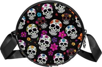 Generic Sac &agrave; bandouli&egrave;re rond pour femme, motif t&ecirc;te de mort en sucre floral, petit sac &agrave; dos &agrave; bandouli&egrave;re avec fermeture &eacute;clair, bretelles r&eacute;glables, sac &agrave;