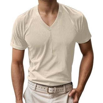 Generic T-shirt pour homme en velours c&ocirc;tel&eacute; avec col en V, manches courtes, ample et d&eacute;contract&eacute;, beige, XXL