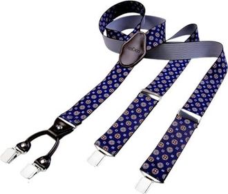 DonDon bretelles hommes larges 3,5 cm avec 4 clips extra-fortes et patch en cuir marron - bleu foncé
