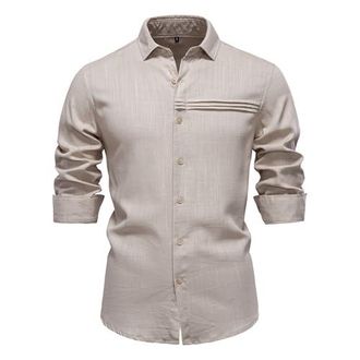 Generic Chemise habill&eacute;e en coton et lin pour homme - Manches longues - Col rabattu - Style d&eacute;contract&eacute; - Uni - Pour le travail et le bureau - Sans plis, beig