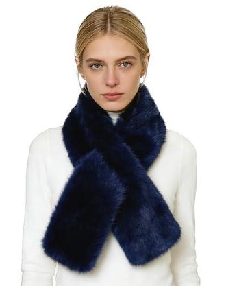 Lina & Lily &Eacute;charpe Col Femme Hiver avec Fente en Fausse Fourrure Poils Longs (Bleu Marine)