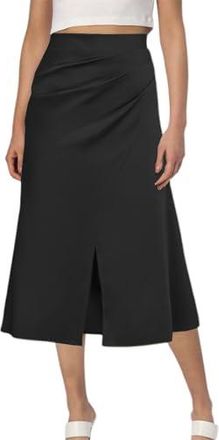 Generico Robe de soir&eacute;e en satin avec taille haute pliss&eacute;e, ouverture et fermeture &eacute;clair pour femme Noir, Noir, X-Large