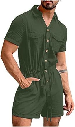 Generic Combinaisons décontractées avec poches : combinaison dété courte pour hommes, ensembles de vêtements de détente en coton et lin, salopette pour homme,