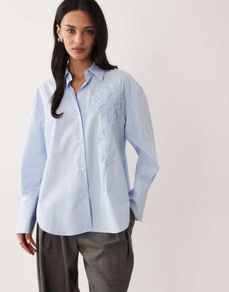 Mango Chemise classique en coton m&eacute;lang&eacute; &agrave; broderies - Bleu p&acirc;le