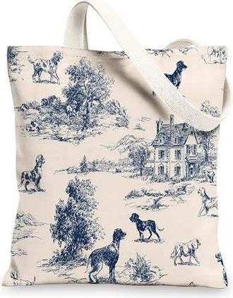 Generic Sacs fourre-tout en toile avec imprimé chien, scène danimaux vintage, sacs dépicerie légers et lavables pour voyage, plage, shopping, beige, 13x15 Inc
