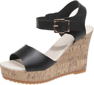 Generic Sandales à talon compensé pour femme - Sandales de plage avec boucle - Style bohème - Sandales dété élégantes à lanières - Sandales compensées à bout 