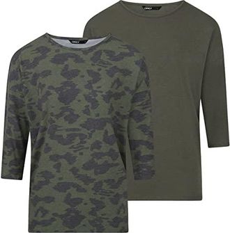 Only OnlGLAMOUR Lot de 2 t-shirts basiques à manches 3/4 à col rond Coupe ample T-shirt à manches longues Motif imprimé été XS S M L XL XXL Noir Vert Gris,