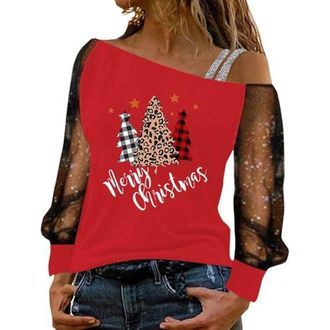 Generic T-Shirt Femme à Manches Longues et épaules dénudées | Blouse élégante en Dentelle Stretch pour Un Casual Quotidien (Red, XXL)