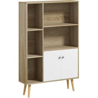 HOMCOM Homcom - Biblioth&egrave;que scandinave dim. 80L x 23,5l x 123H cm 5 niches placard 2 portes pieds effil&eacute;s inclin&eacute;s bois massif panneaux particules naturel