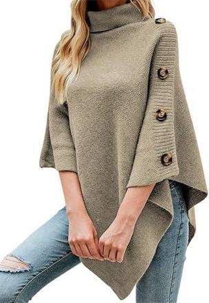 Generic Poncho à col roulé pour femme, pull à col roulé à manches chauve-souris en tricot côtelé torsadé avec boutons à épaules dénudées, kaki, XL