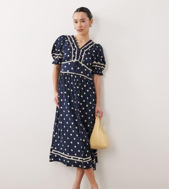 Nobody's Child Saffy - Midikleid in Marineblau mit Trompeten&auml;rmeln und Polka-Dots-Schwarz