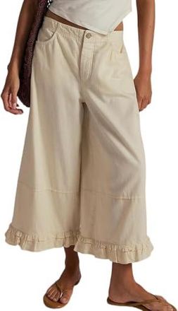 Generic Jean large &agrave; taille &eacute;lastique &agrave; volants pour femme - Pantalon baggy d&eacute;contract&eacute; avec poches - Pantalon large pour femme, beige, XL