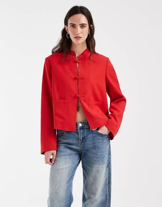 Asos veste coupe carr&eacute;e en m&eacute;lange de lin col mao rouge