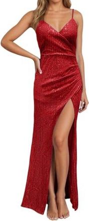 Generic 2025- Robe de bal &agrave; paillettes avec bretelles spaghetti, col en V, robes formelles et scintillantes et robes de soir&eacute;e avec fente pour femme, Rouge, S