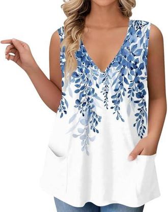 Generic Debardeur Femme Chic et &eacute;l&eacute;gant Chemisier sans Manche Imprim&eacute; D&eacute;bardeur Col V Top Ete Haut Chic et Elegant Fluide Ample Caraco Vetement Femme Ete Tee 