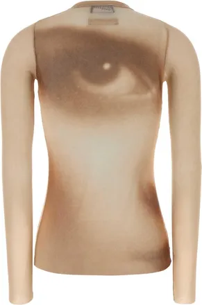 Jean Paul Gaultier Womens Mesh Long Sleeves Top Printed Face Beige Maglie Exterior: Nylon Sweater
