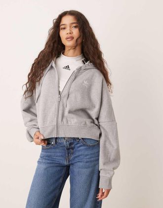 adidas Originals Essentials - Sweat &agrave; capuche court et zipp&eacute; en tissu &eacute;ponge - Gris moyen chin&eacute;