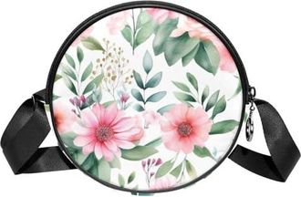 Generic Petit sac &agrave; bandouli&egrave;re circulaire pour femme, motif feuilles florales, sac &agrave; dos avec fermeture &eacute;clair, bretelles r&eacute;glables, sac &agrave; main rond d&eacute;contra