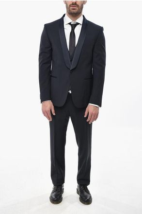 Corneliani CODE Three-Piece Virgin Wool Suit with Shawl Lapel in Satin size 46