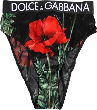 Dolce & Gabbana Femme, Sous-v&ecirc;tements, Multicolore, Taille: 40 FR Culotte Noire Taille Haute en Maille &agrave; Imprim&eacute; Floral