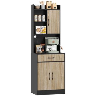 HOMCOM Küchenschrank Hochschrank mit 3 Türen, Schublade, Vitrinenschrank mit 3 offenen Regalen, Mikrowellenablage, Kabelloch Vorratsschrank für Küche, Wohnzi