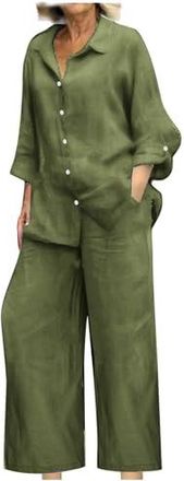 Generic Ensemble 2 pi&egrave;ces en lin pour femme 2024, chemises amples &agrave; manches longues, jambes larges, pantalon assorti, tenues de vacances grande taille, combin