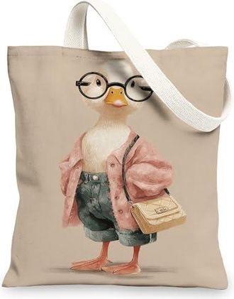 Generic Sacs fourre-tout en toile de canard mignons, sacs à provisions réutilisables, légers et lavables avec bandoulière, beige, 13x15 Inch